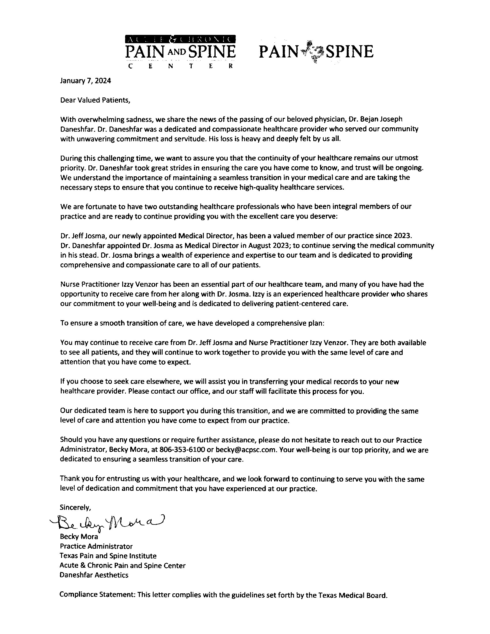 Dear Valued Patients - Acute & Chronic Pain and Spine Center - Amarillo, TX